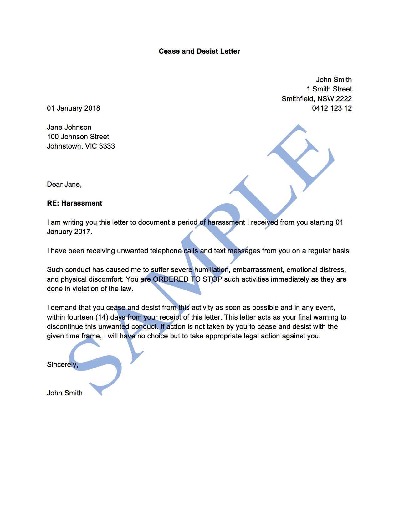 Cease And Desist Harassment Free Template Sample Lawpath